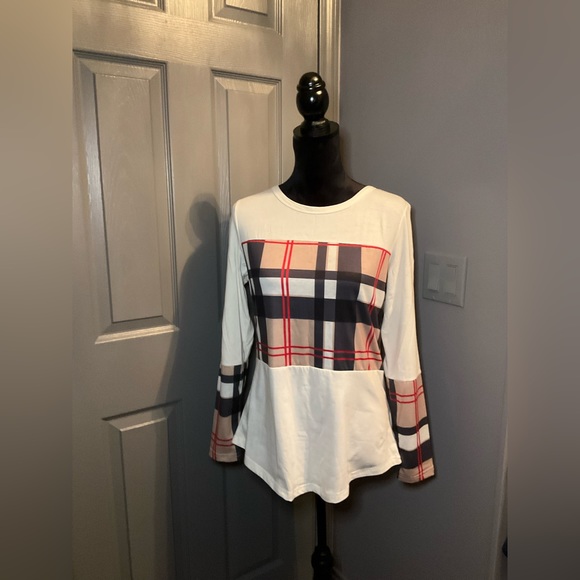 Tops | Cream Colored Long Sleeve Plaid Shirt On Front Back And Bottom ...